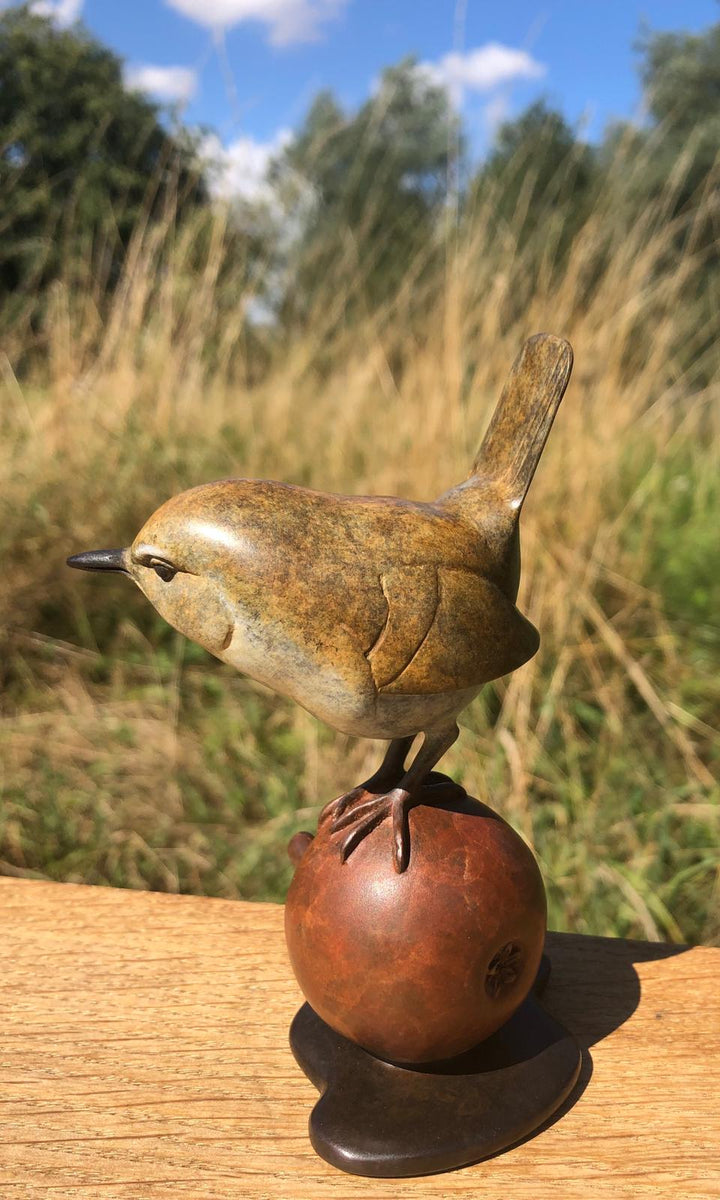 Wren On A Bronze Apple – David Meredith Sculpture